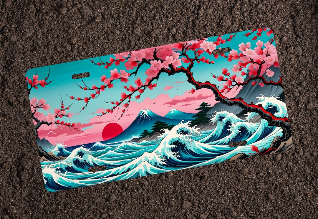 Japanese Wave License Plate: Cherry Blossom Car Decor - Etsy