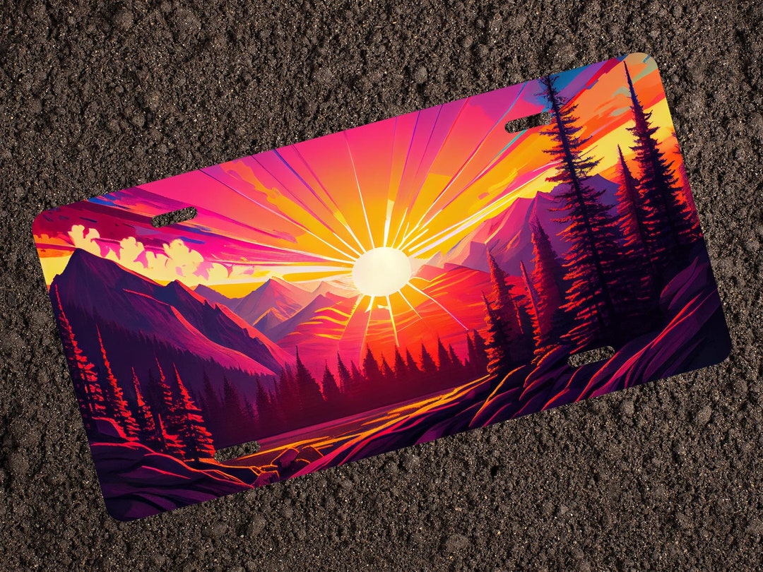 Vintage Retro Adventure Pink Mountain Sunrise License Plate Novelty Tag ...