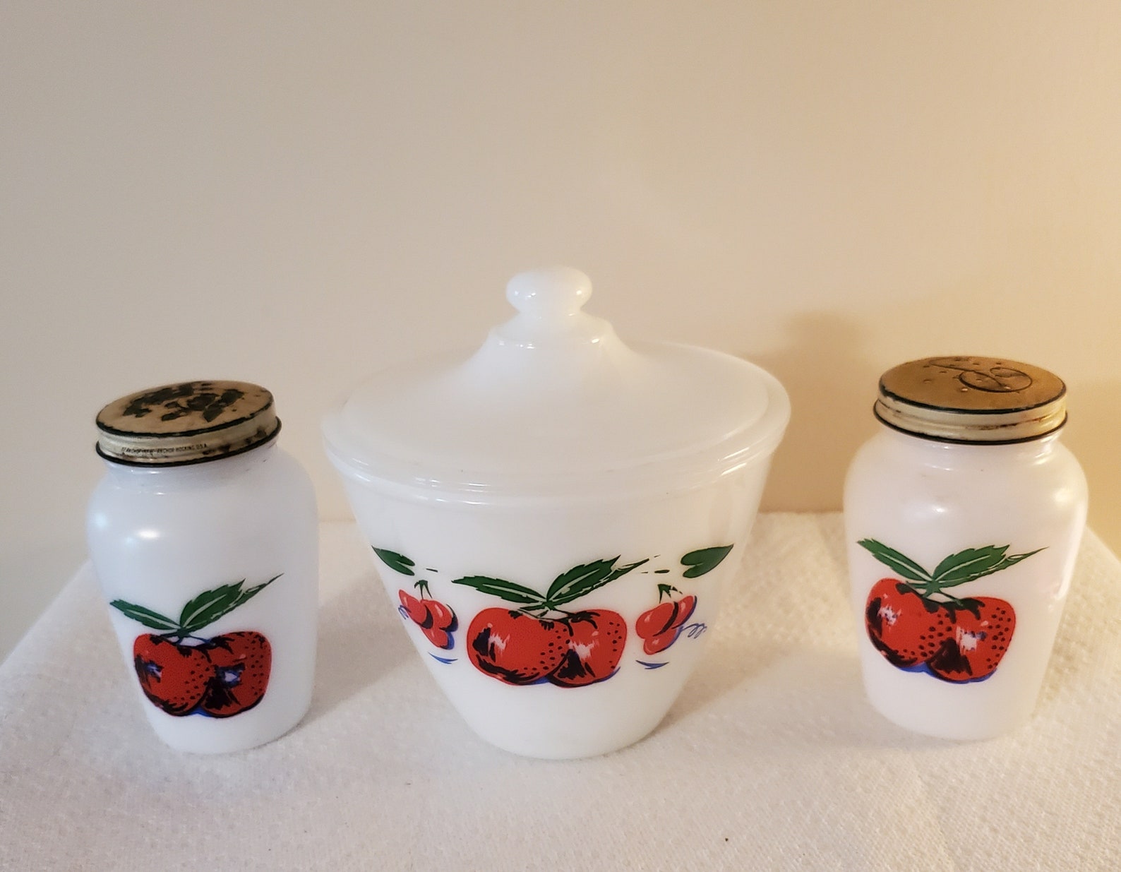 Vintage Grease Jar and Shaker Set Fruits Apples and Cherries by Fire ...