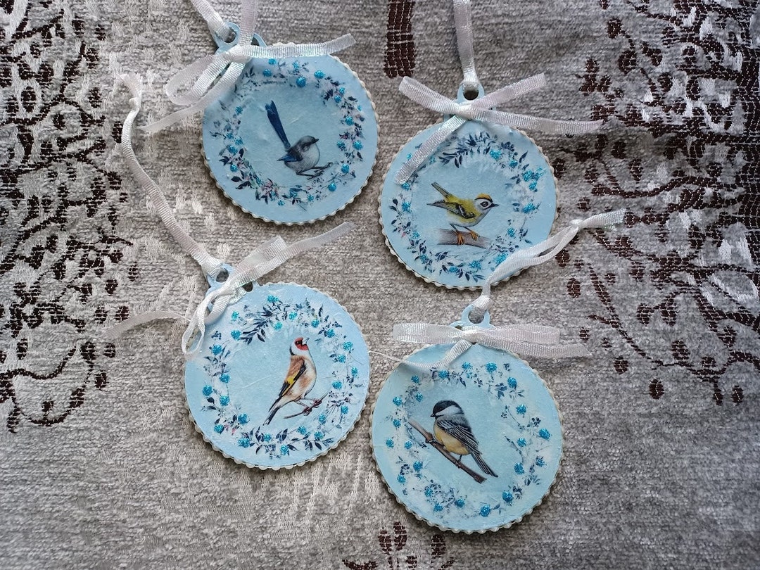 Blue Bird Decoupage Christmas Ornaments: Handmade Wooden Set of 4 - Etsy