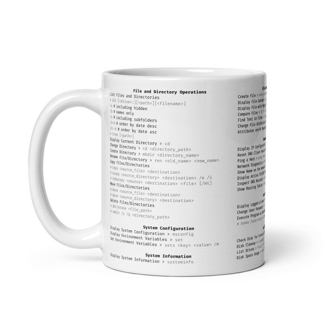CMD Cheat Sheet MUG - Drinking Coffee Cup for Programmers and Software Engineers Programming ...