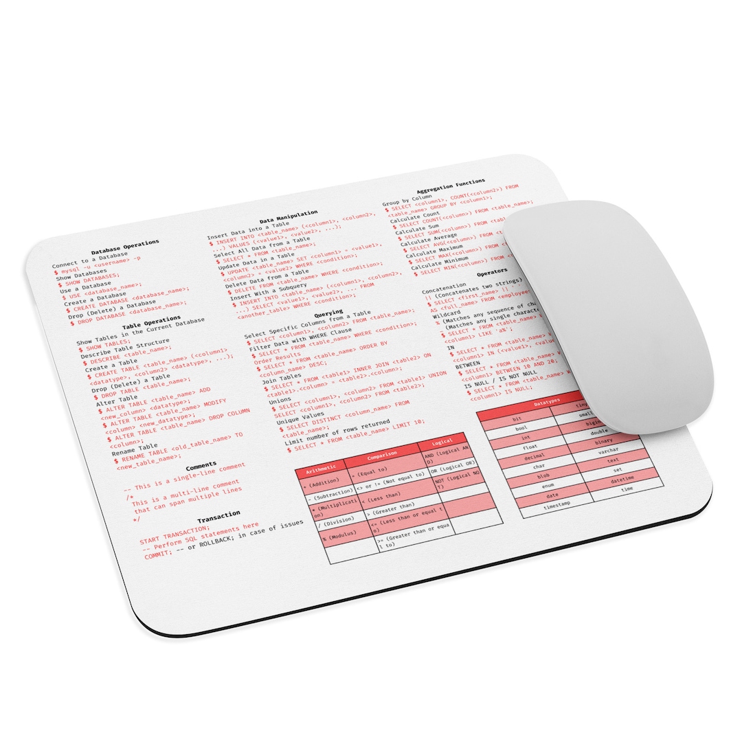 SQL MOUSE PAD Cheat Sheet - Programmer Developer Mouse Pad Holiday Gift ...