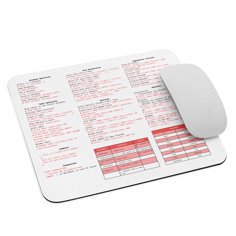 SQL MOUSE PAD Cheat Sheet - Programmer Developer Mouse Pad Holiday Gift ...