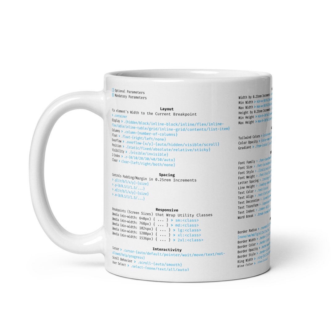TAILWIND CSS Cheat Sheet MUG Drinking Coffee Cup for Programmers Designers and Front End ...
