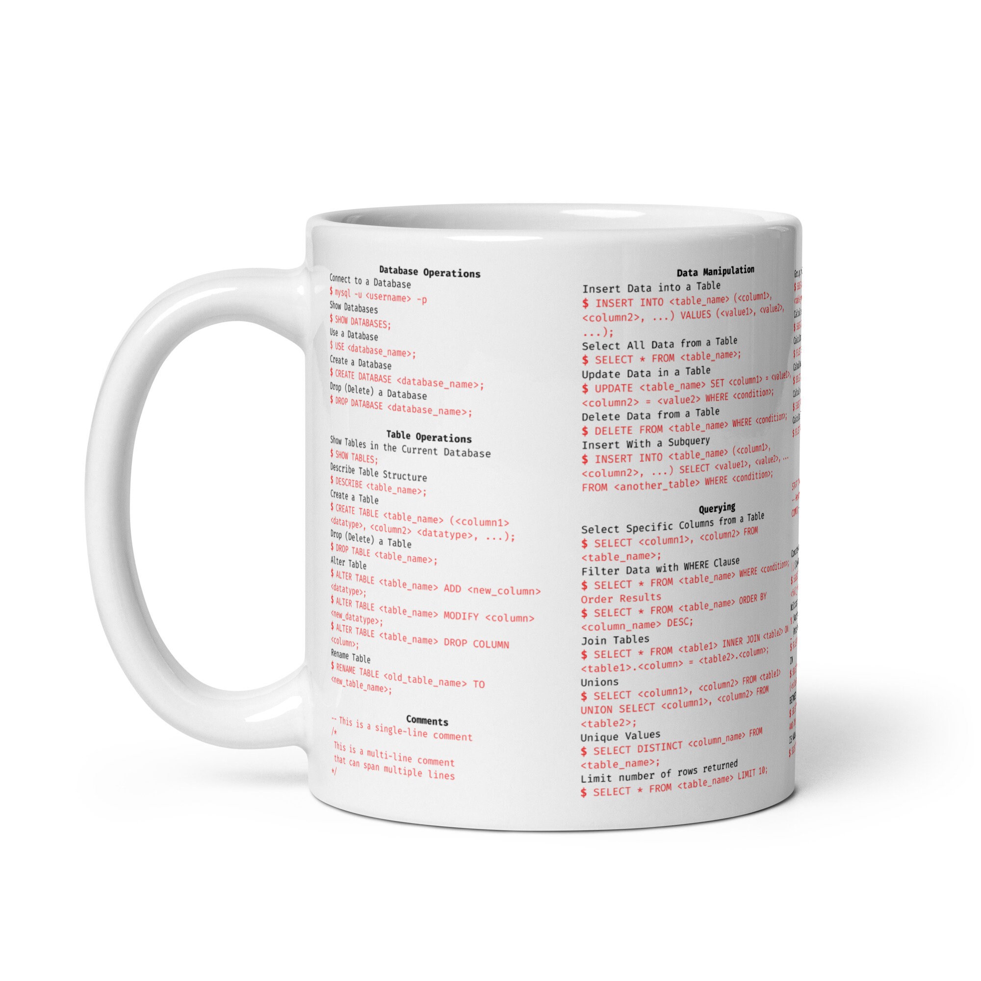 SQL Cheat Sheet MUG Drinking Coffee Cup for Programmers and Database ...
