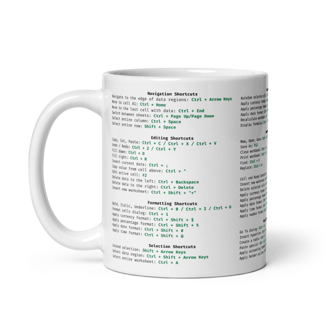 EXCEL Cheat Sheet MUG - 80+ Shortcuts Excel Spreadsheets - Gift for ...