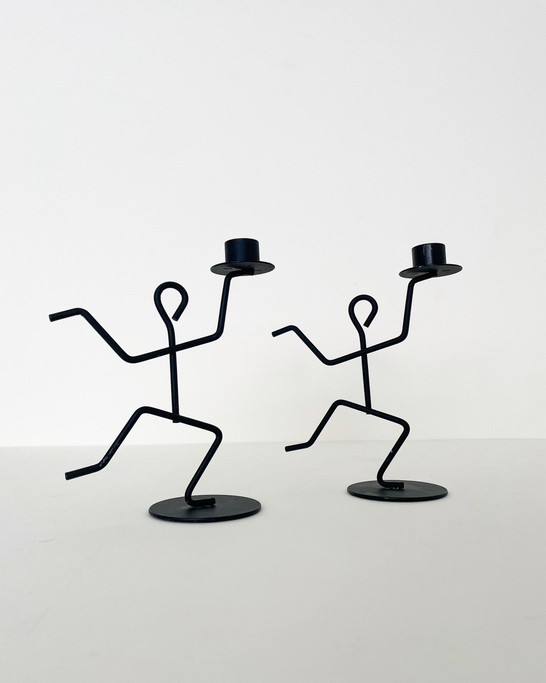 Vintage Black Metal Stickman Candleholder Set- Stick Figure Wrought ...