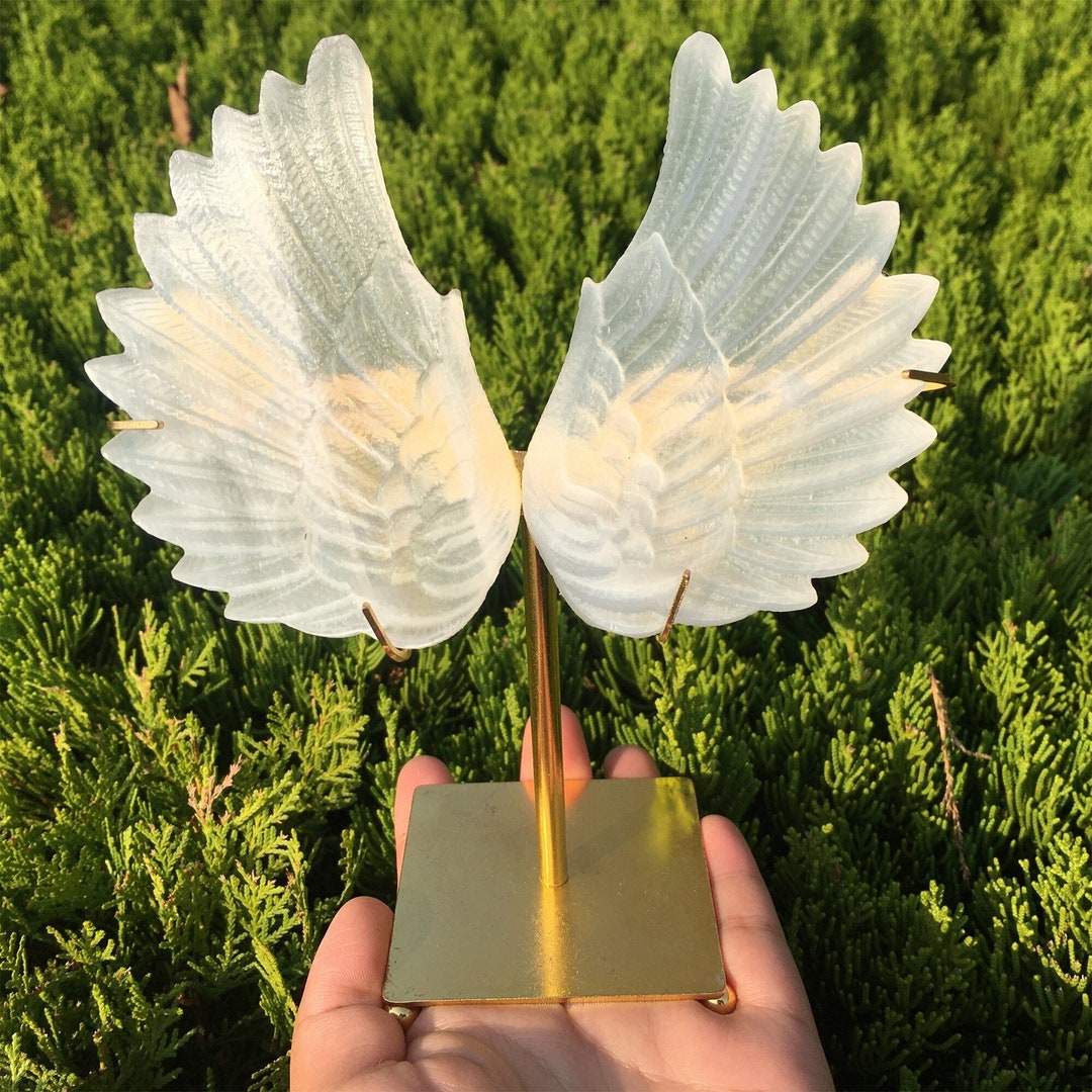 Natural Selenite A Pair of Wings Golden Stents,hand Carving Wings of ...