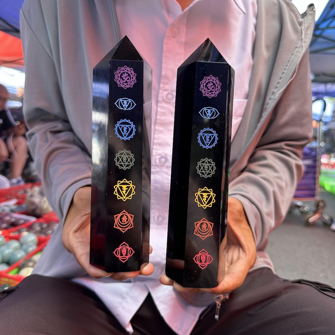 800g Natural Obsidian Obelisk Colored Drawing 7 Chakras,crystal Obelisk ...