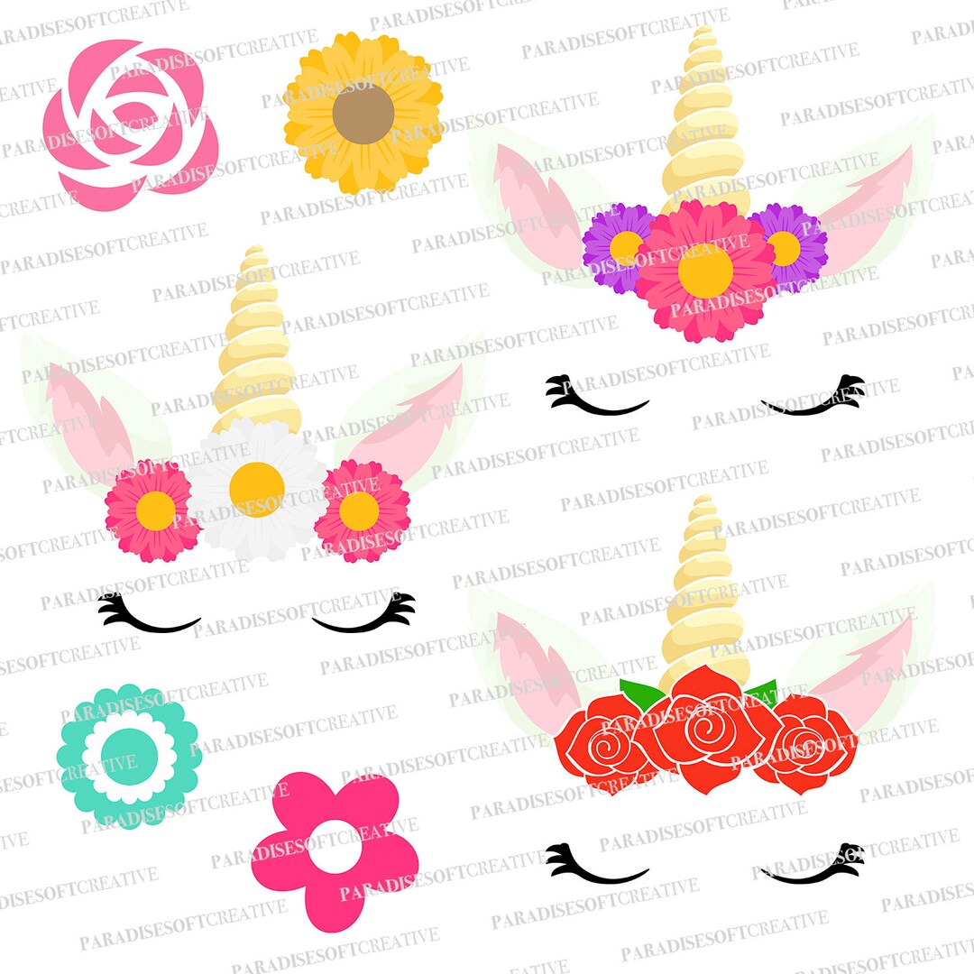 Unicorn Face Kit SVG - Flowers Kit SVG - Bithday Party SVG - Unicorn ...