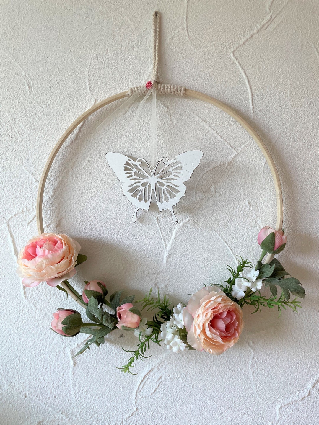 Wooden Loop With Butterfly and Flower Decoration, Wall Wreath, Wall ...