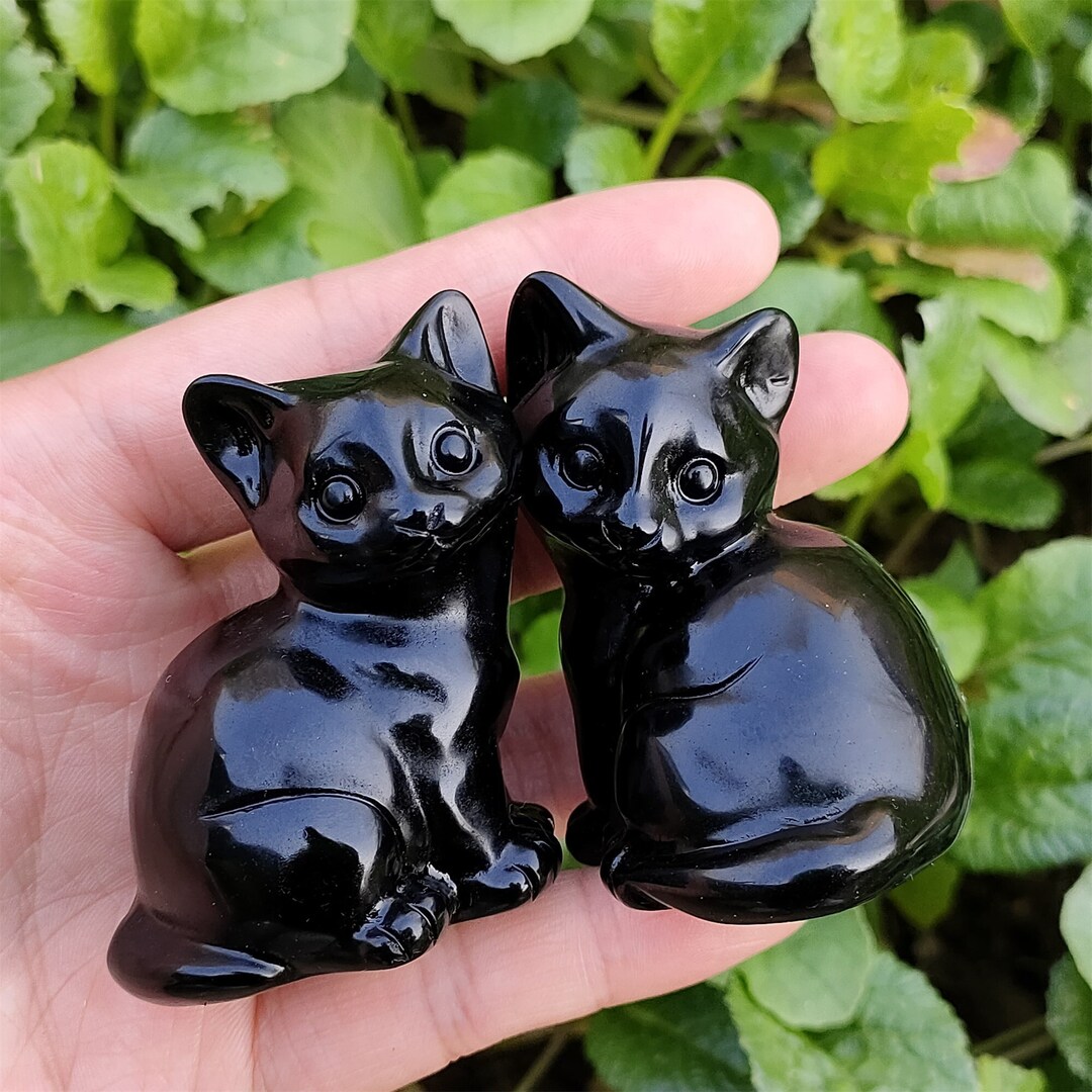 A Pair Natural Obsidian Cat,quartz Crystal Cat,crystal Energy,crystal ...