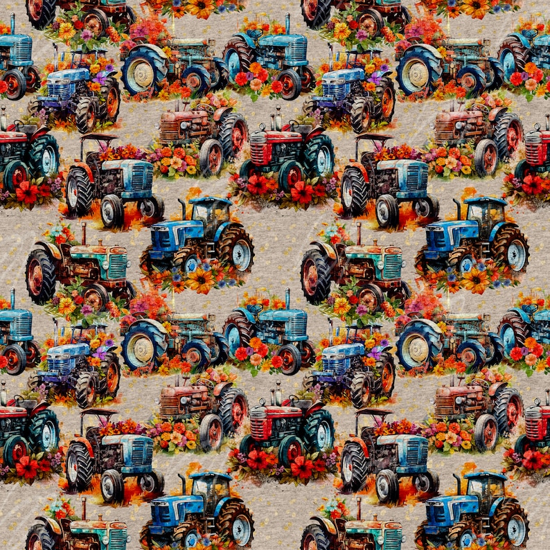 Blooming Tractors Oat, Seamless Pattern File, Gold Sparkle, Floral ...