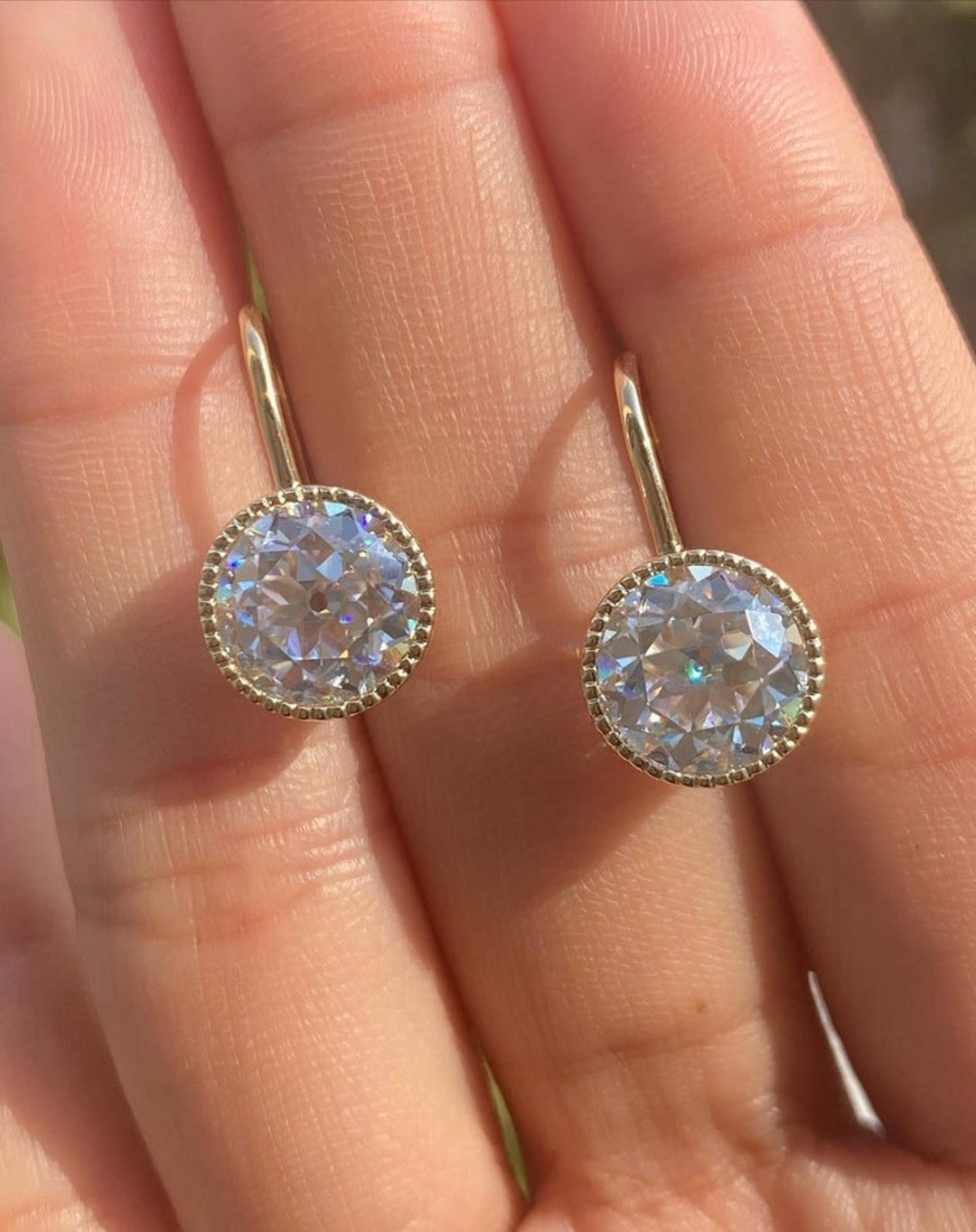 Old European Round Moissanite Solitaire Leverback Earrings, 14k Gold ...
