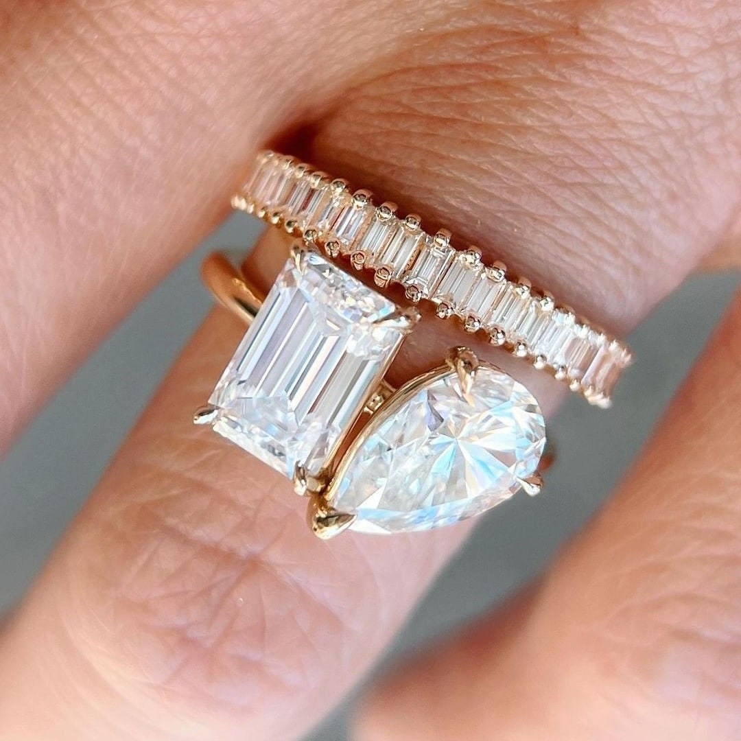 Bridal Ring Set, Toi Et Moi Ring Double Stone Engagement Ring, Emerald ...