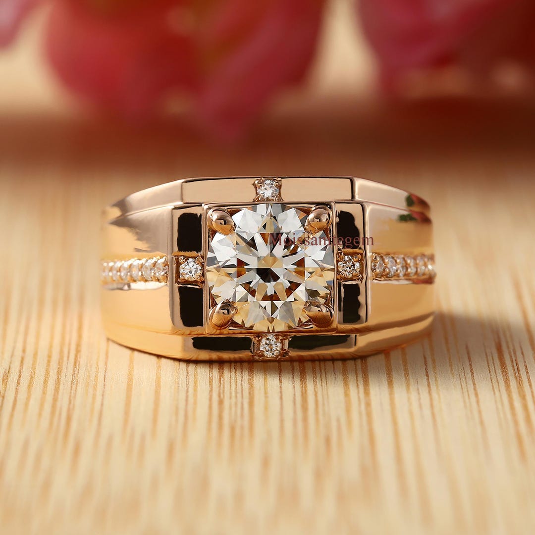 Thick Band Men's Engagement Ring, Solitaire With Accent Wedding Ring ...
