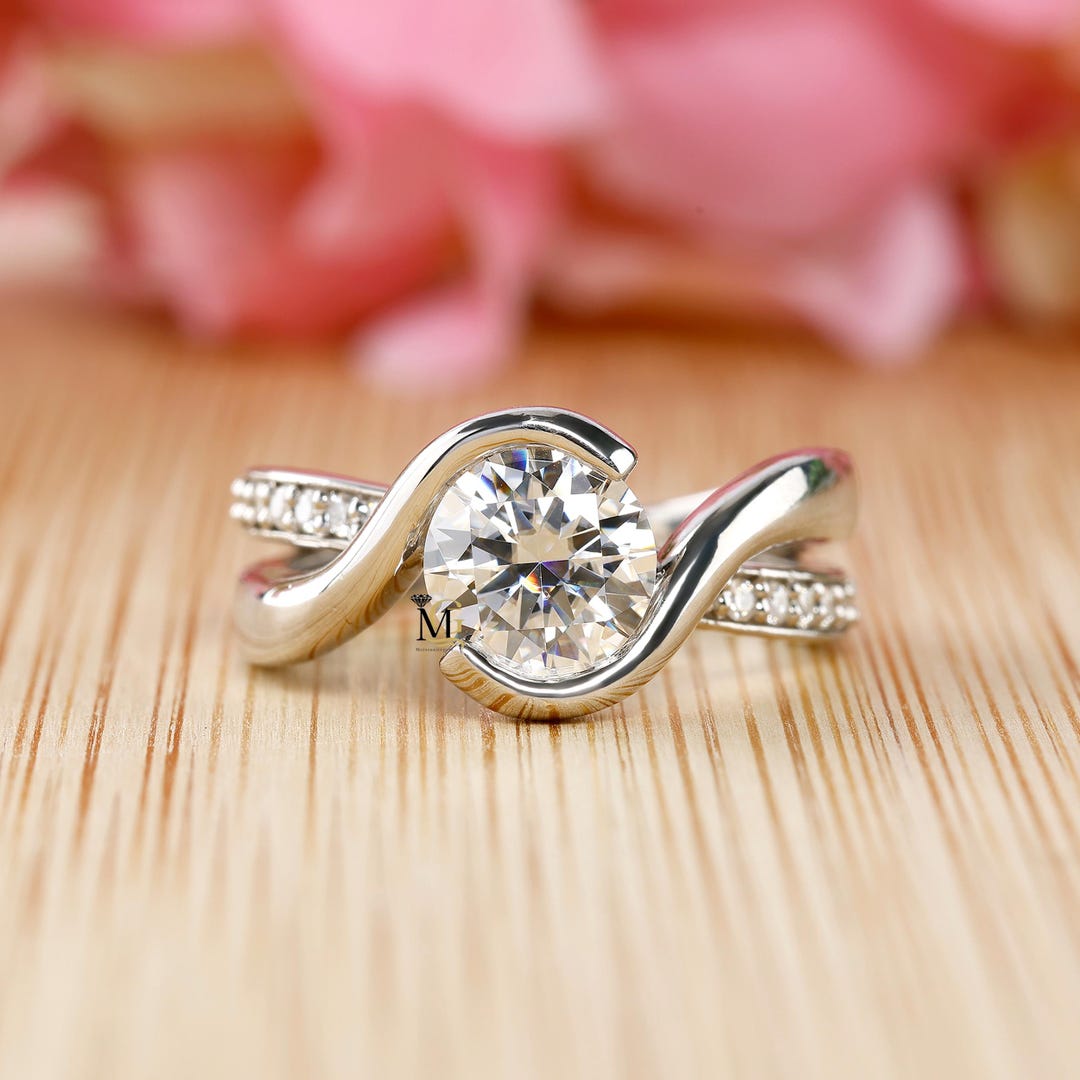 Swirl Bypass Diamond Wedding Ring, Round Cut Moissanite Engagement Ring ...