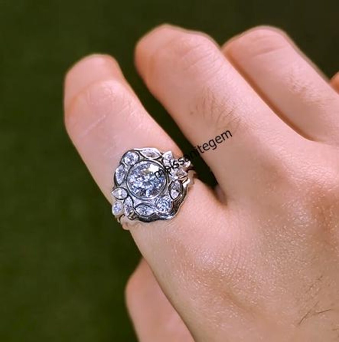 Enhancer Engagement Ring, Halo Wedding Ring, Bezel Set Ring, Marquise & Round Shape Moissanite ...