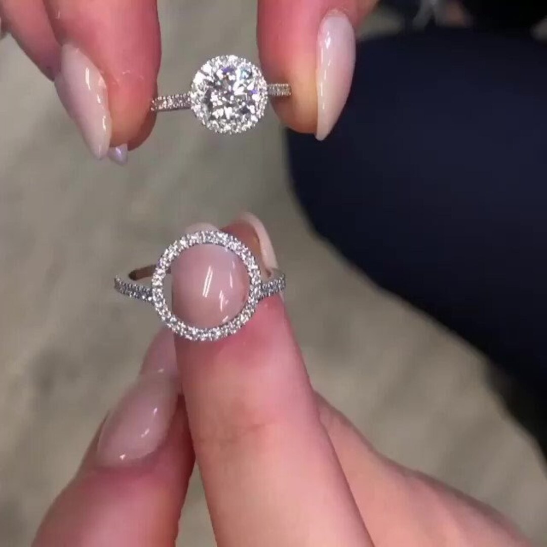 Halo Insert Engagement Ring Round Cut Moissanite Diamond Ring 14K Solid ...