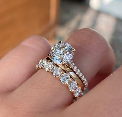 Trio Wedding Set, Solitaire With Accent Engagement Ring, Round Cut ...