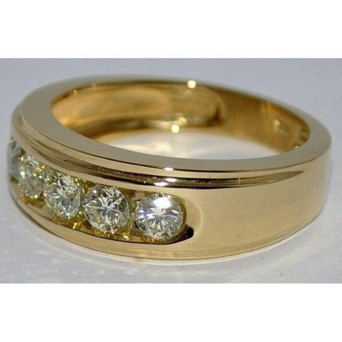 Five Stone Band, Channel Set Band, Moissanite Men's Band, Round Cut Moissanite Ring, Wedding ...