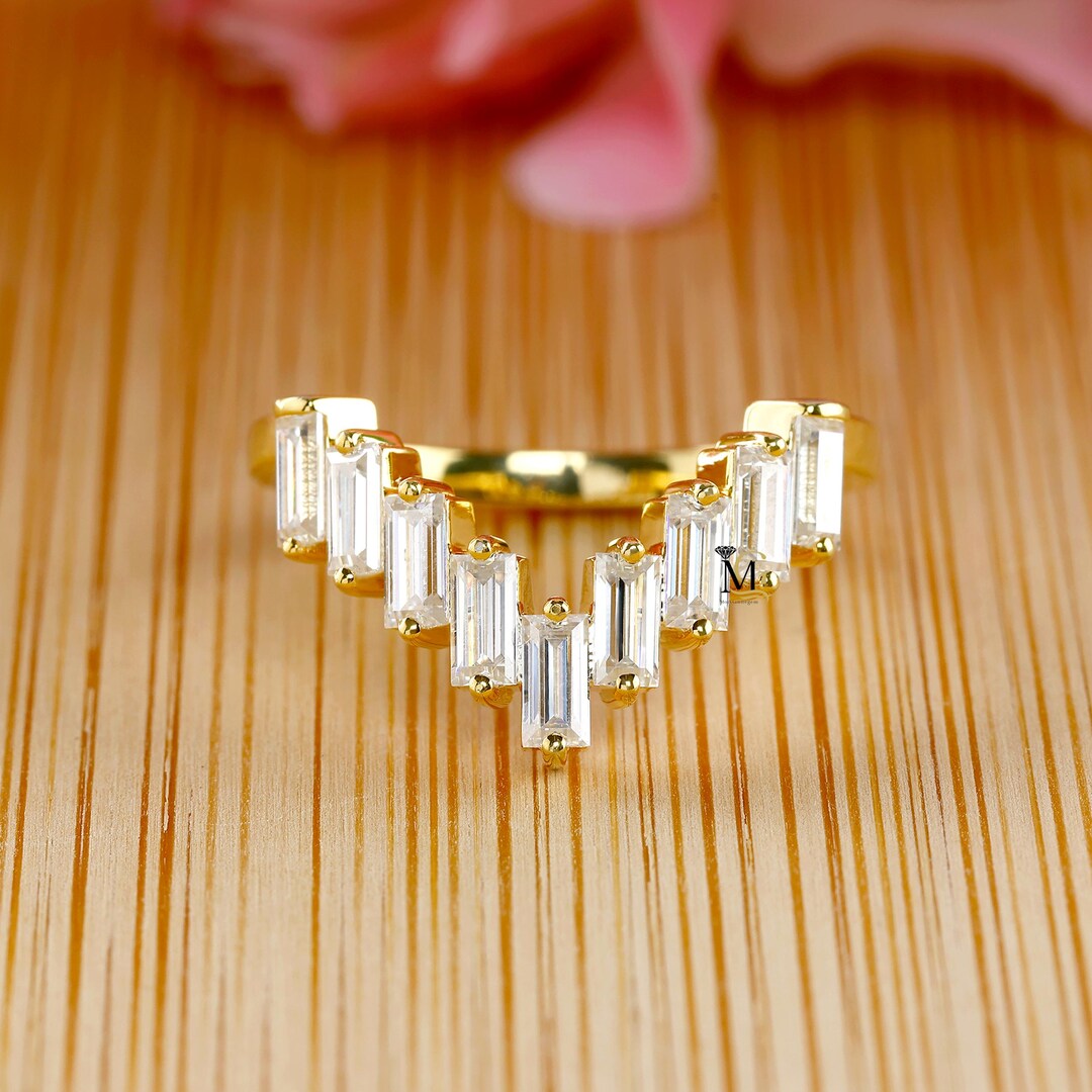 Minimalist Chevron V Shape Ring, Baguette Moissanite Diamond Engagement ...