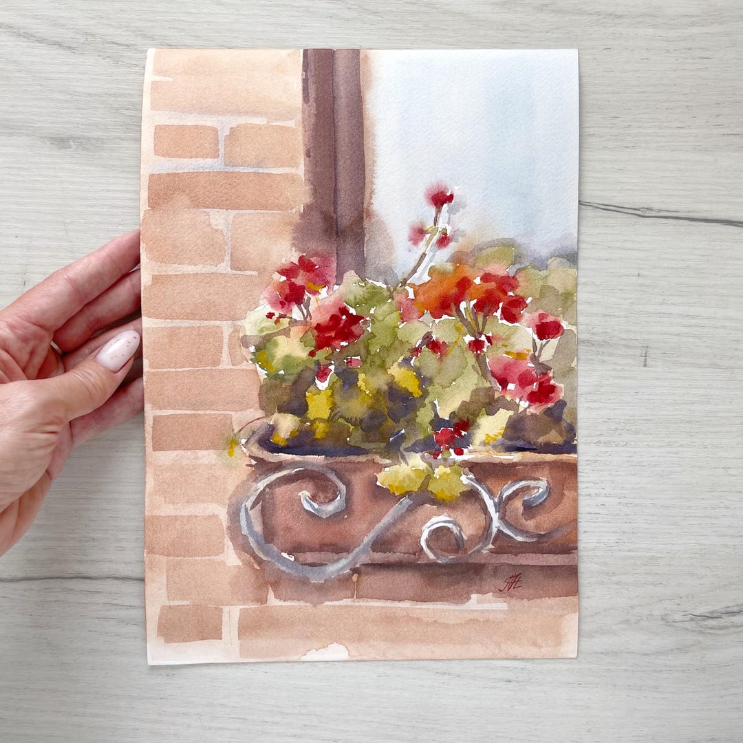 The Red Geranium Original Watercolor Painting 21x30 Cm - Etsy