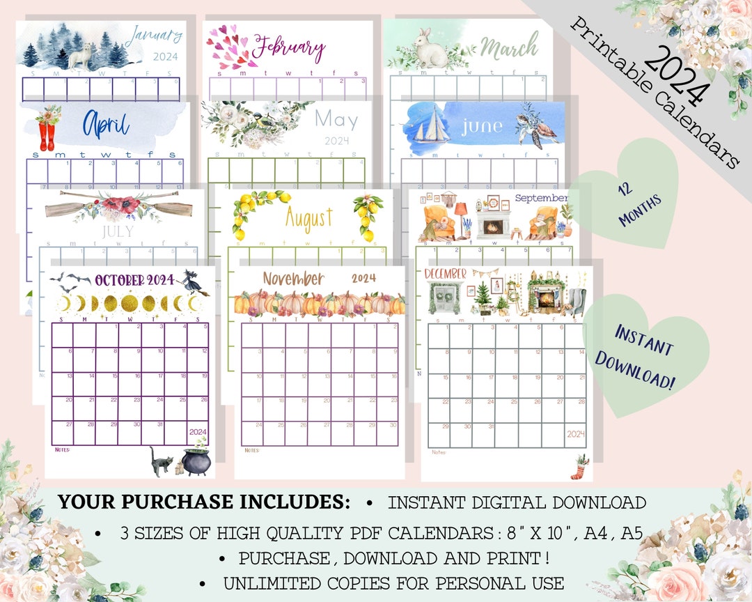 12 Month Printable Calendar Pages, Printable Calendar 2024, Calendar ...