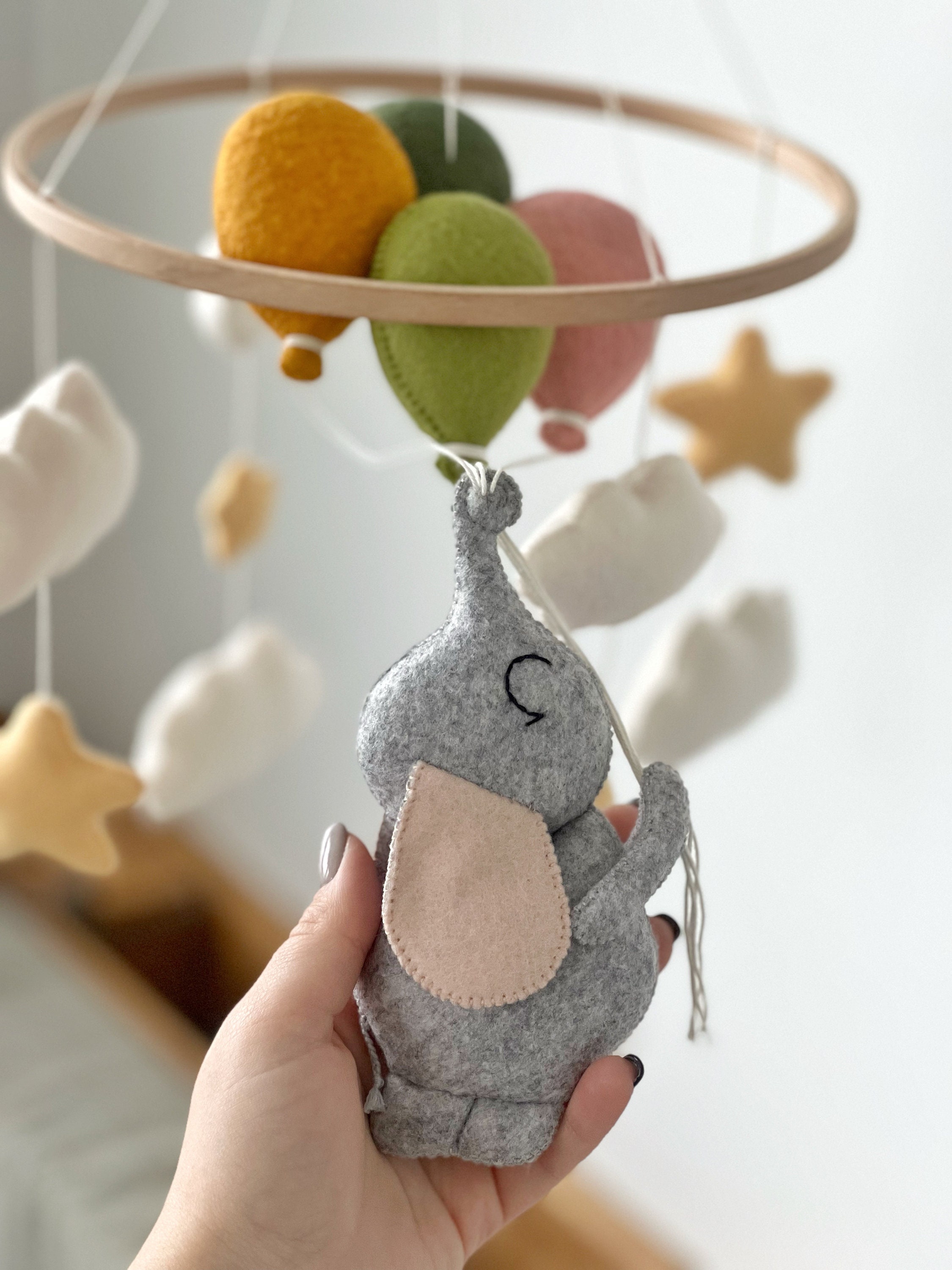 Felt Elephant Baby Mobile: Balloons, Clouds & Stars Nursery Decor - Etsy
