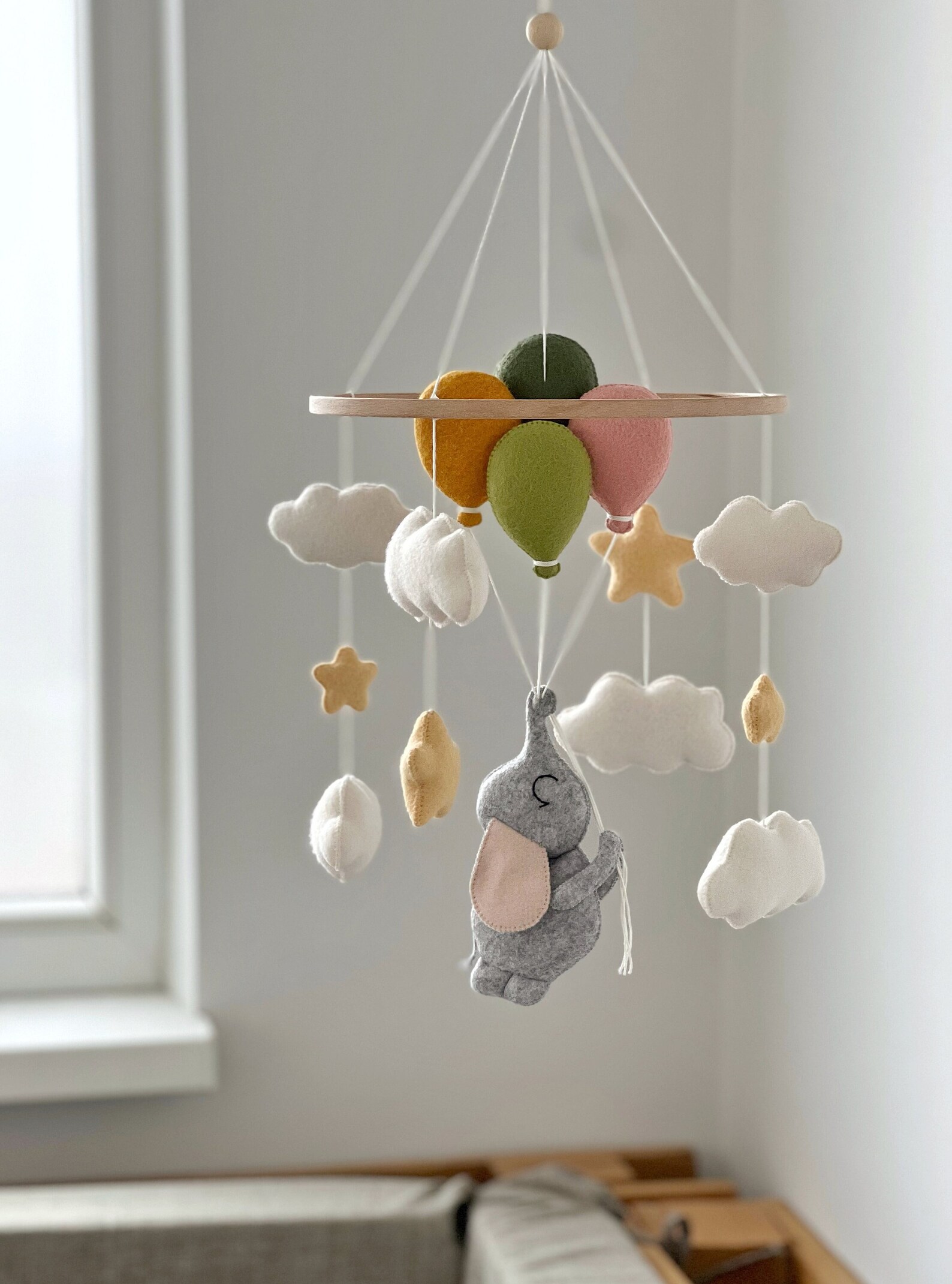 Felt Elephant Baby Mobile: Balloons, Clouds & Stars Nursery Decor - Etsy