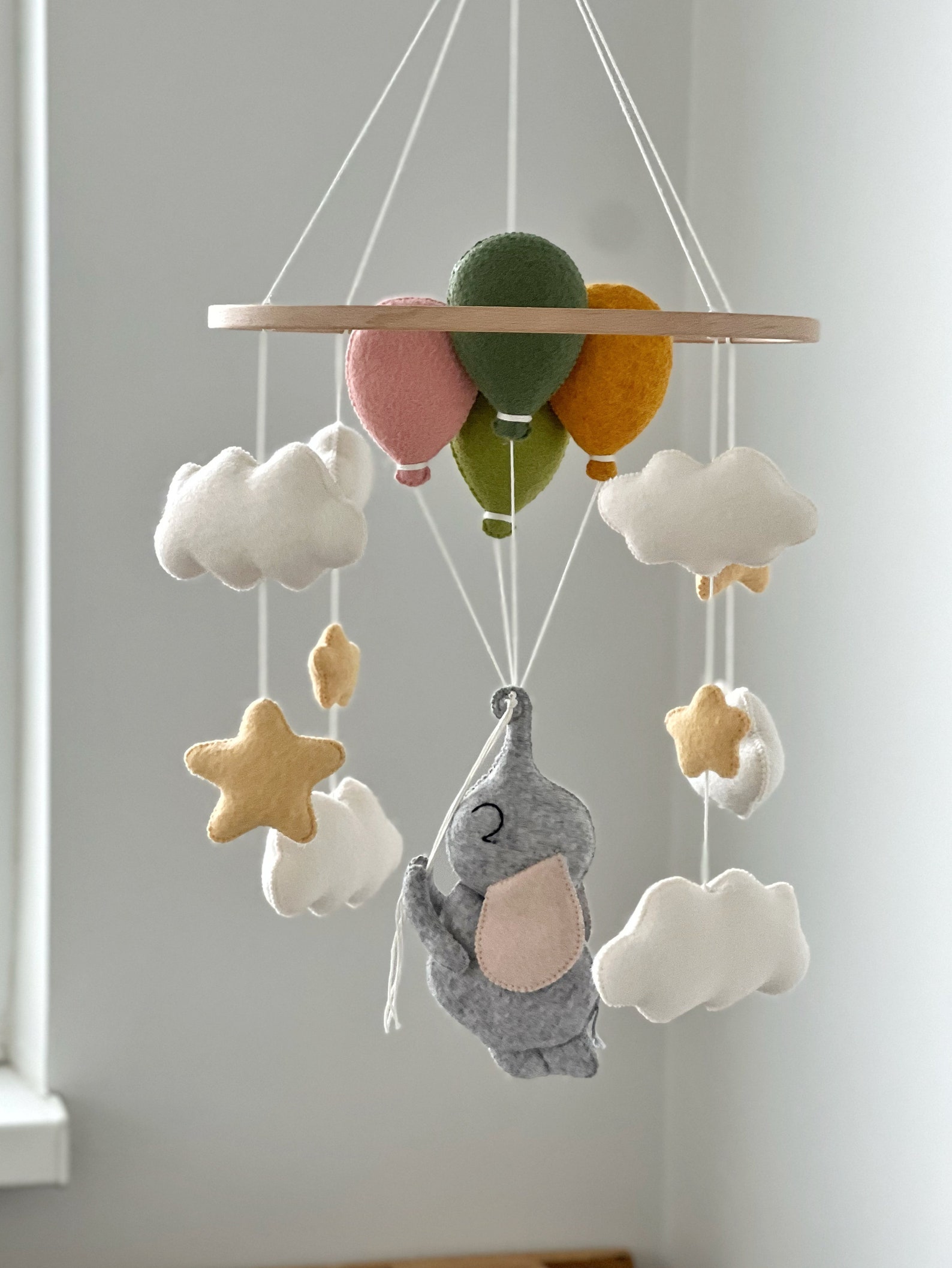 Felt Elephant Baby Mobile: Balloons, Clouds & Stars Nursery Decor - Etsy