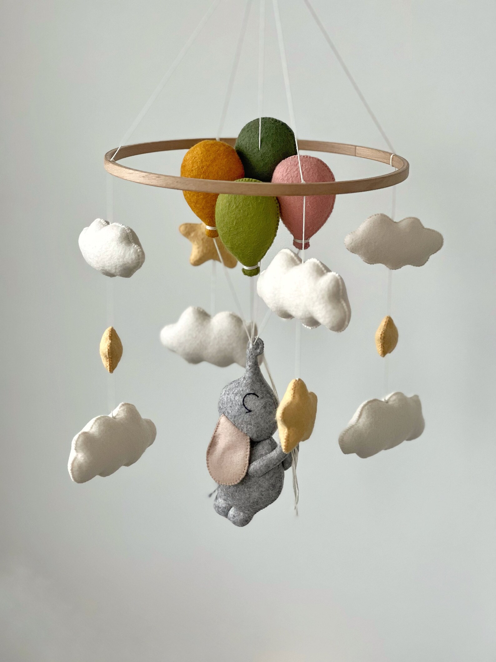 Felt Elephant Baby Mobile: Balloons, Clouds & Stars Nursery Decor - Etsy