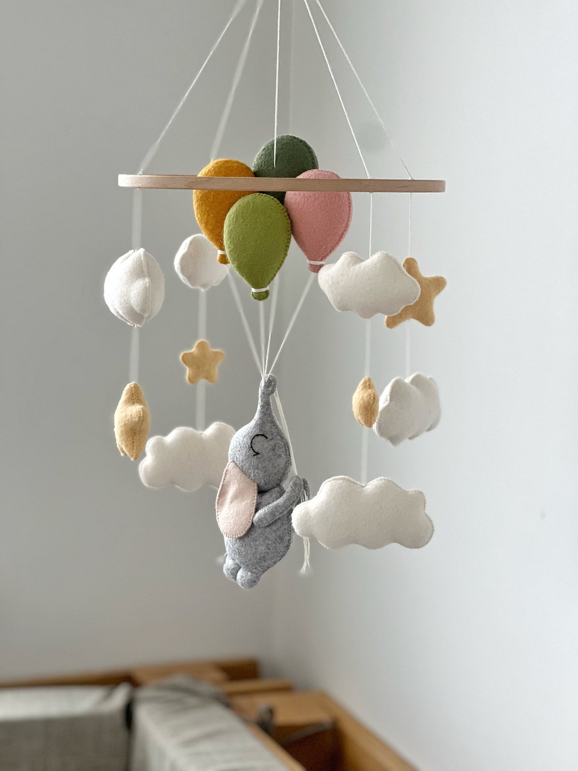 Felt Elephant Baby Mobile: Balloons, Clouds & Stars Nursery Decor - Etsy