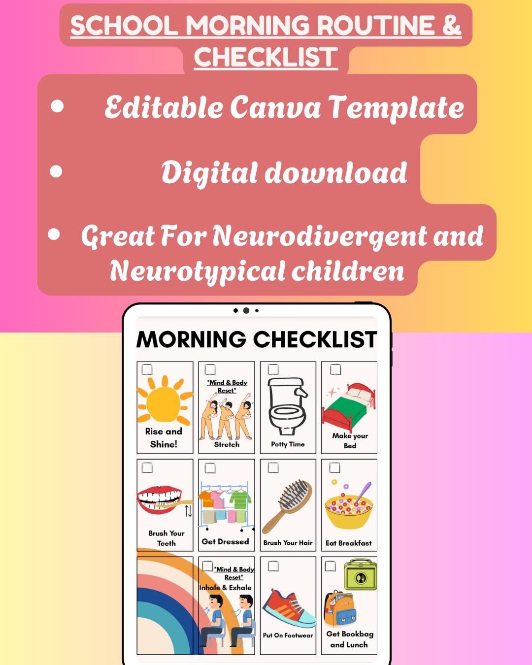 Visual Schedule for Kids, ADHD Routine Chart, Editable Canva Template ...