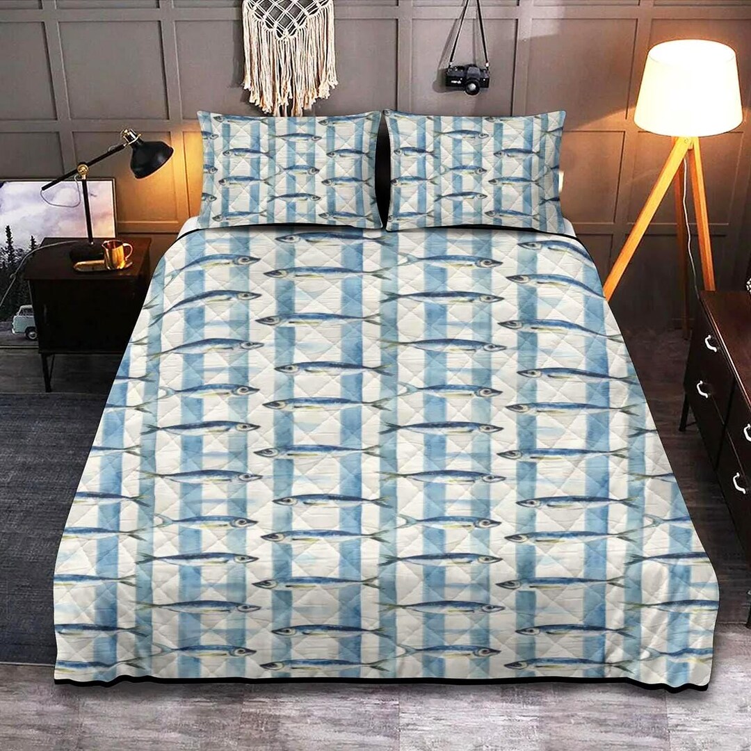 Fish Bedding Set - Quilted Blanket Two Pillow Cases, Sardine Pattern ...