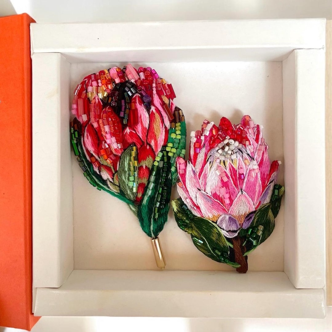Brooch "protea Flower" Made of Threads, Hand Embroidered Embroidered ...