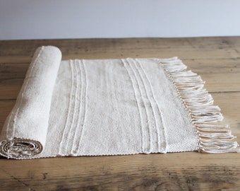 72”x14” Cream Colored Woven Cotton Textured Table Runner With Pom-poms ...