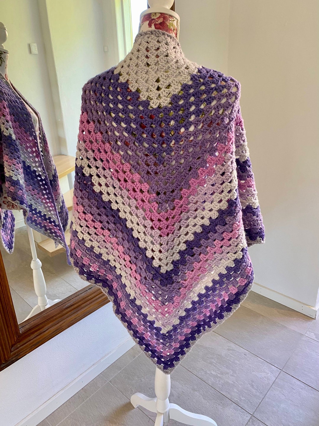 Vintage Crocheted Shawl, 1970s Shawl in Purple and Gray Colors, Big ...