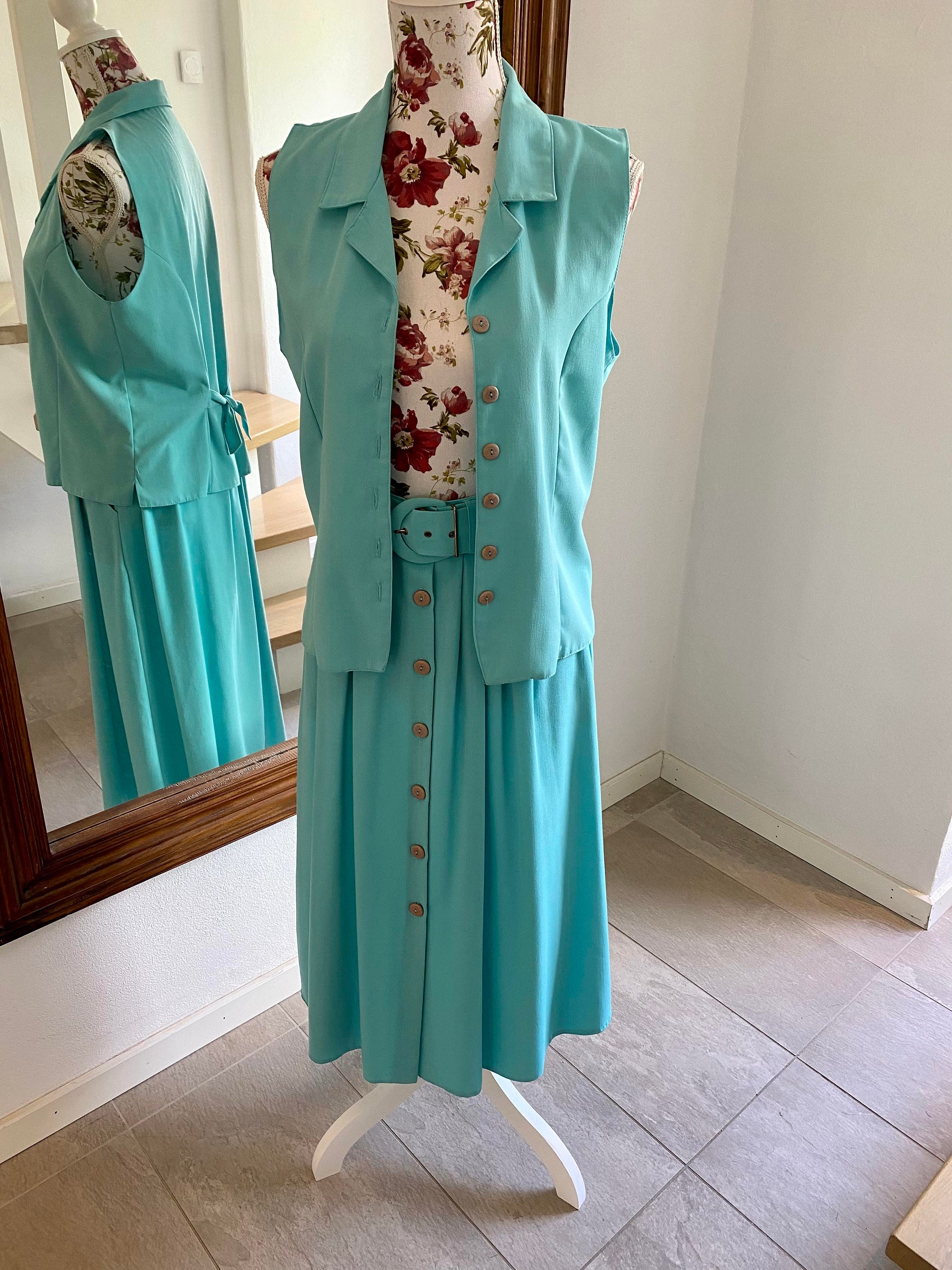 Vintage 1980s Skirt, Belt and Vest Set, Turquoise Summer 80s Set, Size ...