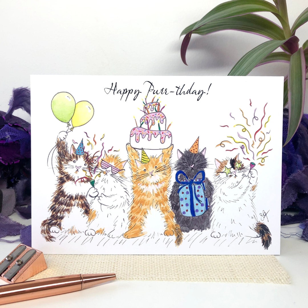 Cat Birthday Card, Happy Purr-thday, Printed Card - Etsy