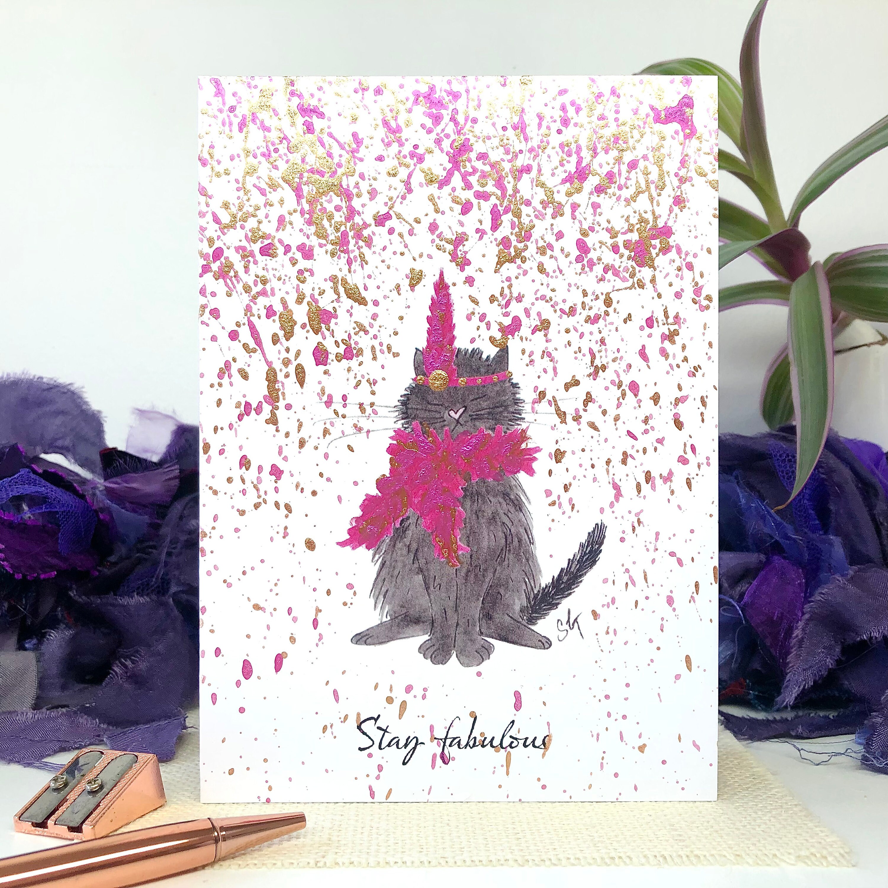 Stay Fabulous Cat Card, Printed With Hand Finished Mica Powder Details ...