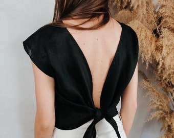 Linen White Top With Open Back and Back Tie - Etsy