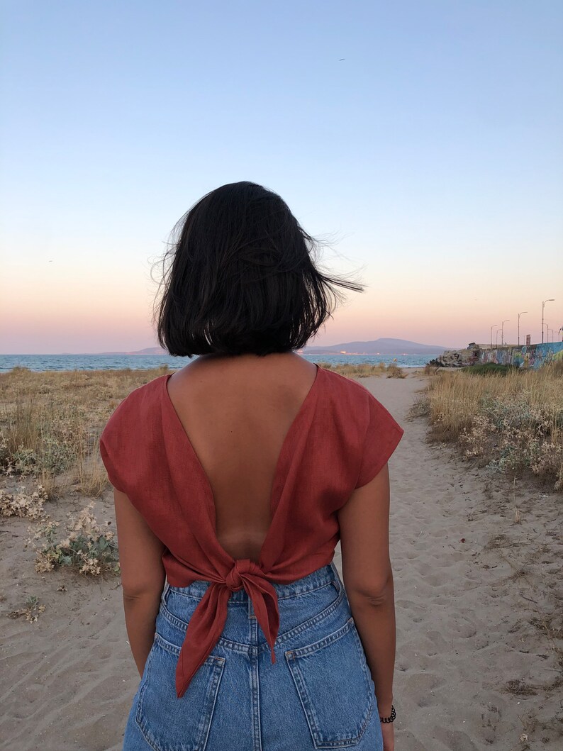 Linen White Top With Open Back and Back Tie - Etsy