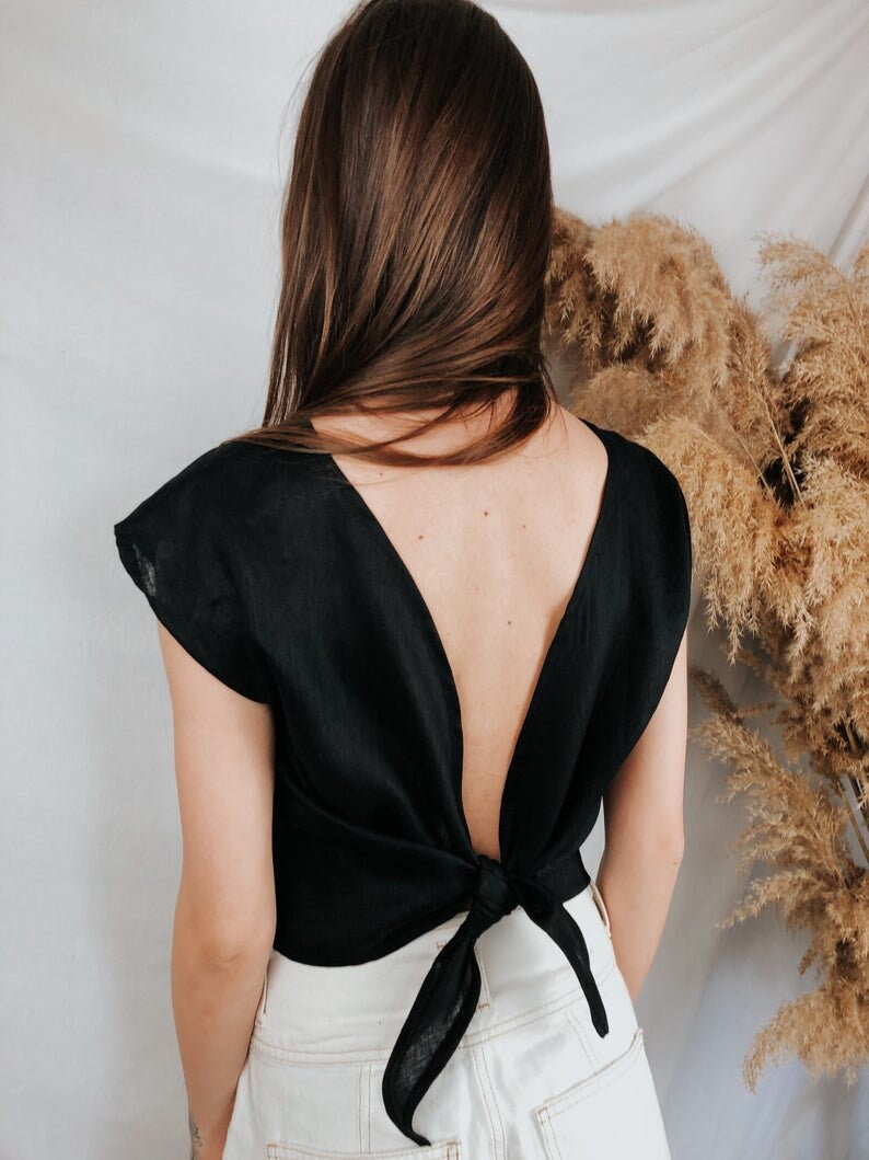 Linen White Top With Open Back and Back Tie | Etsy