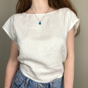 Linen white top with open back and back tie | Etsy
