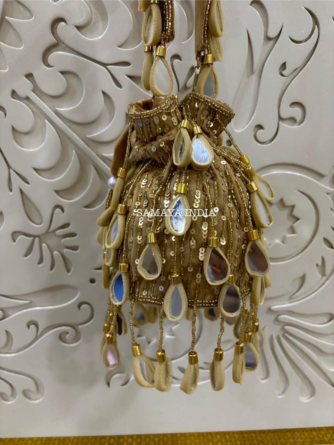 Hand Embroidery Gold Mirror Potli Bag | Mirror Potli for Ethnic Dress ...