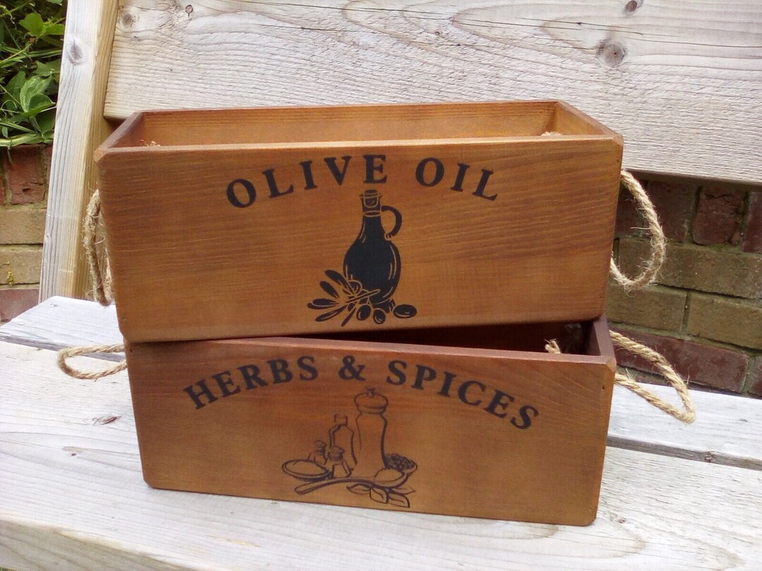 Lovely Vintage Style Olive Oil or Herbs & Spices Wooden Storage Boxes ...
