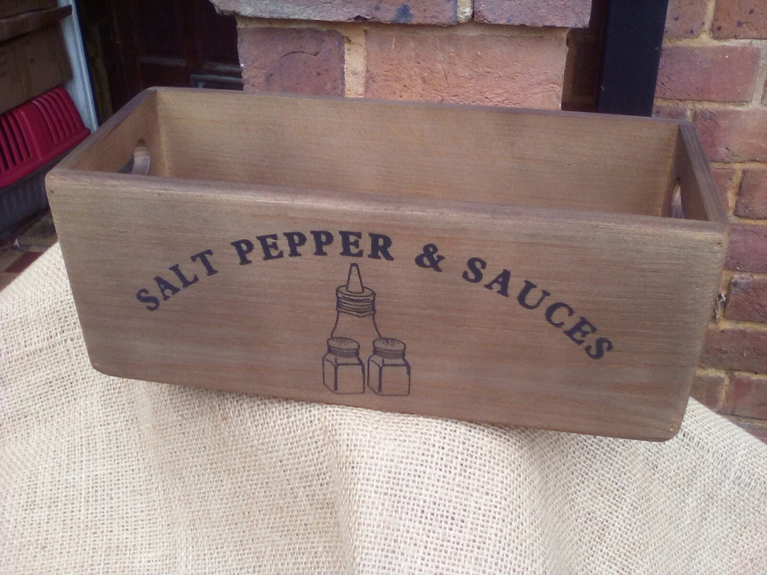 Lovely Rustic Wooden SALT PEPPER & SAUCES Storage Box. Great in Your ...