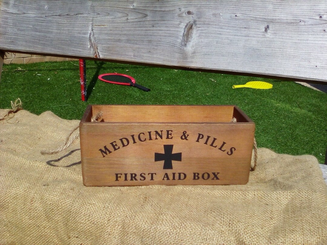 FIRST AID BOX - Medicines and Pills. Rustic Wooden Storage Box. Ideal ...