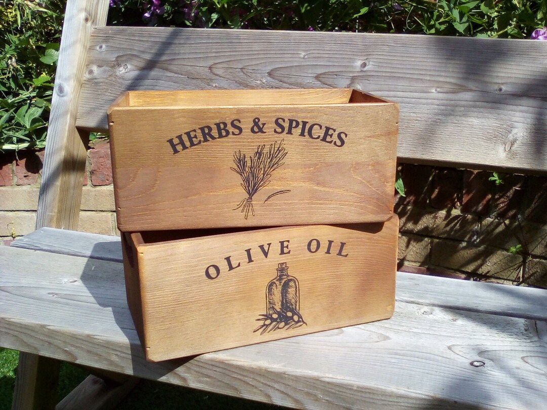 Gorgeous Rustic Wooden Olive Oil or Herbs & Spices Kitchen Storage Box ...